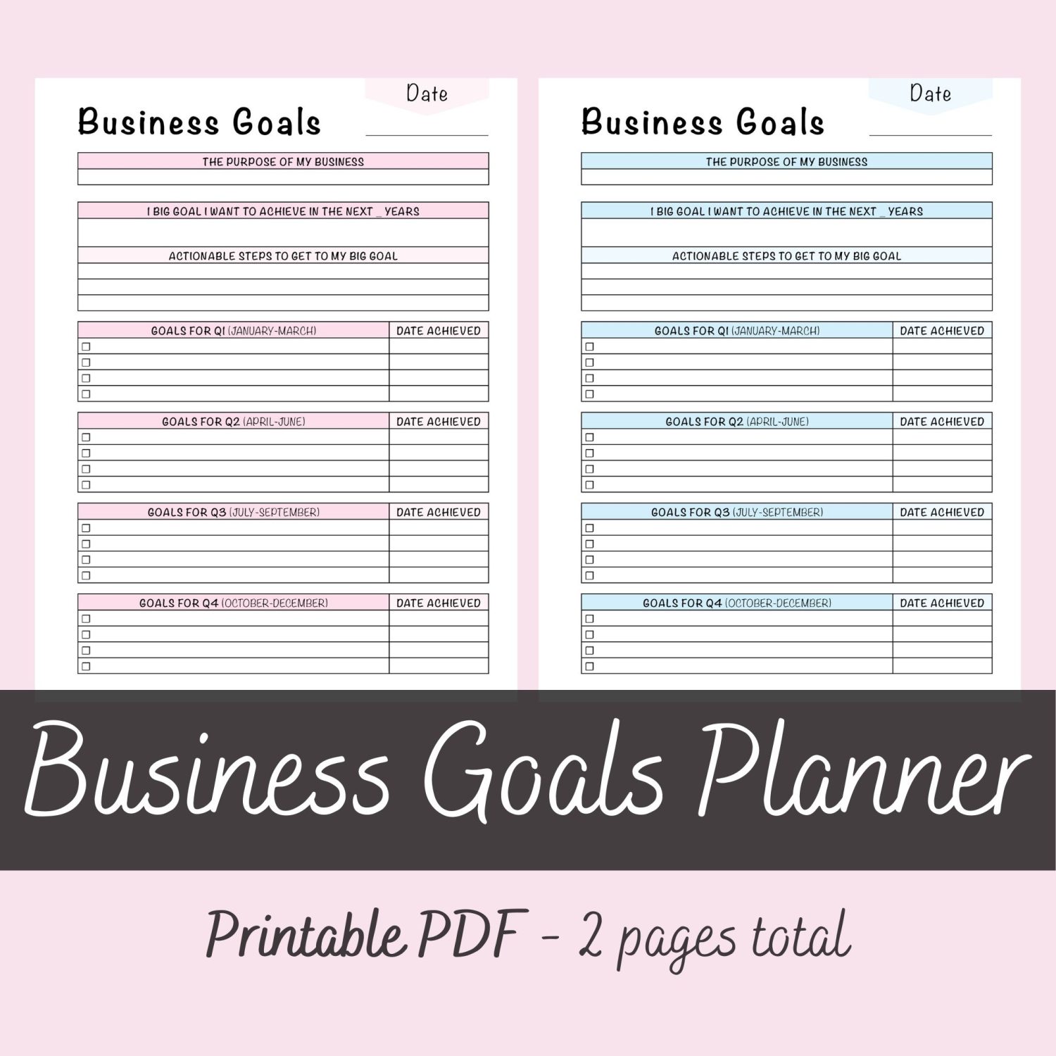 Printable Business Goals Planning Sheet for Yearly & Quarterly Goals ...