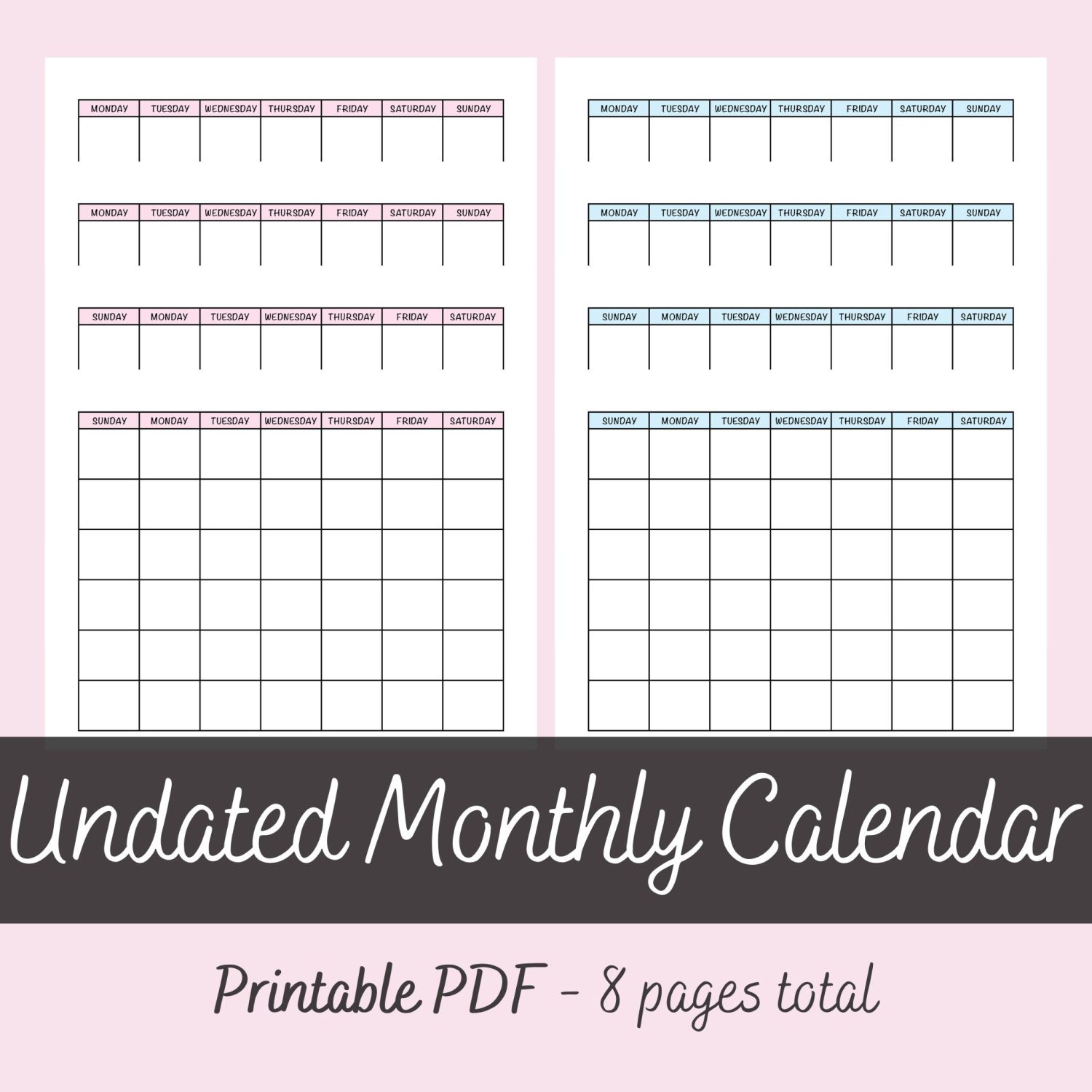 Printable Undated Monthly Calendar Sheets (landscape) - Ninja Design
